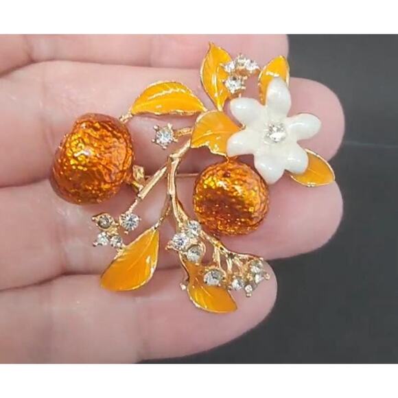 Jewelry | Orange Blossom Brooch Oranges Fruit Rhinestone Glitter Enamel ...